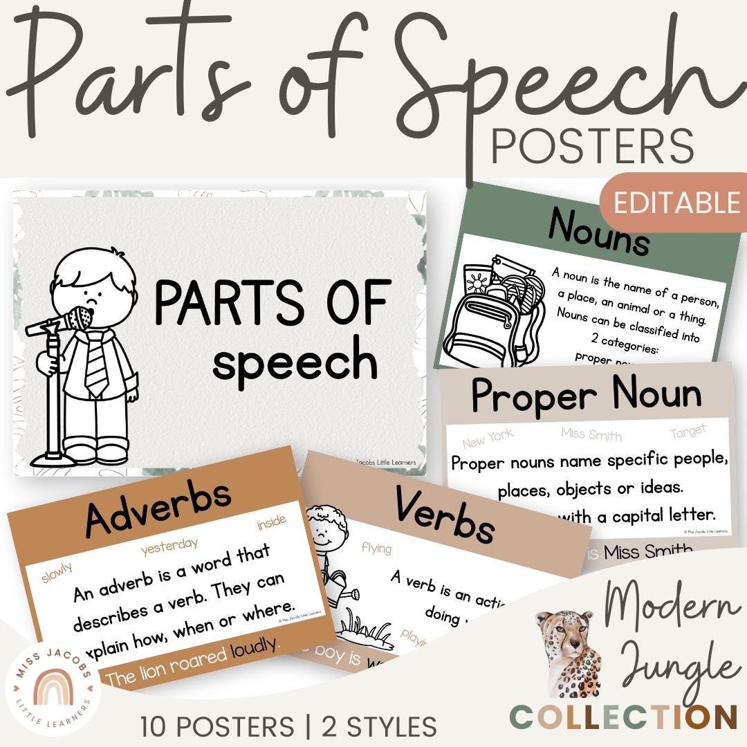 Earthy Parts of Speech Posters, Grammar Anchor Charts, Printable ELA ...