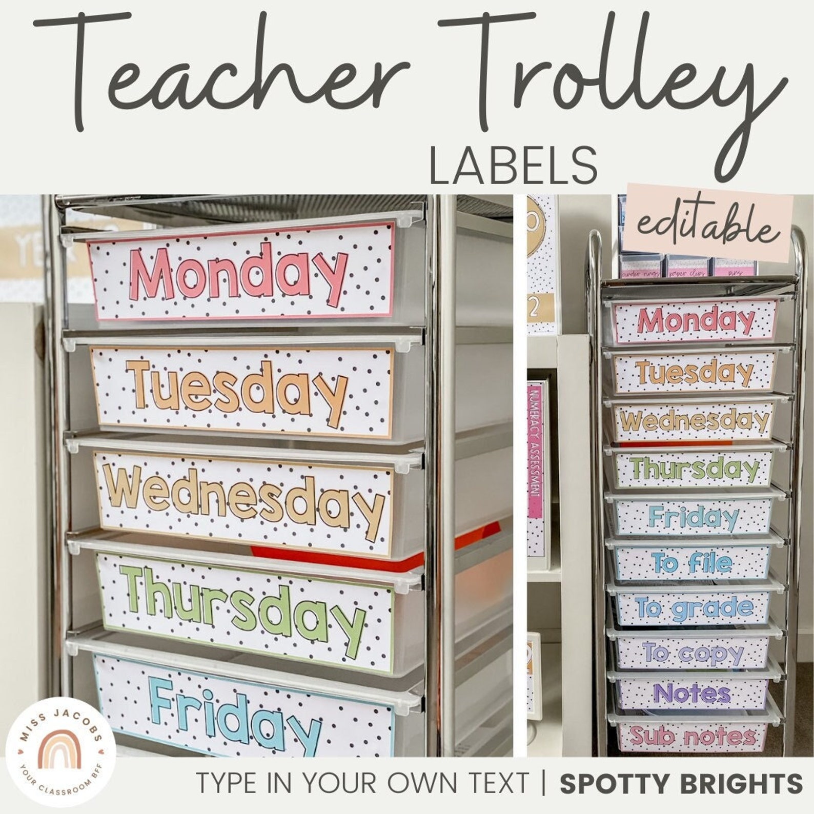Teacher Trolley Labels 10 Drawer Cart Labels SPOTTY BRIGHTS Editable - Etsy