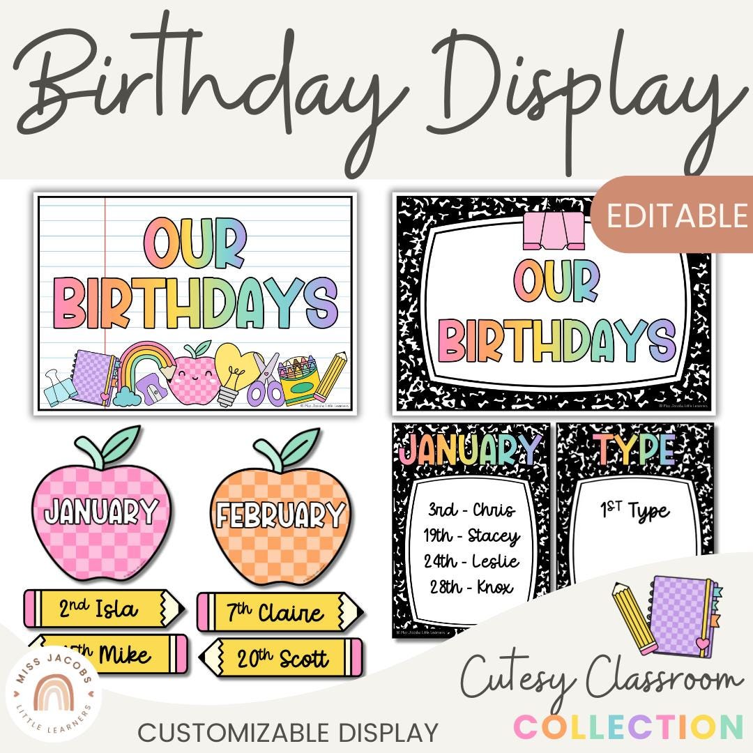 Cutesy Birthday Display Printable, Bright Birthday Classroom Wall ...