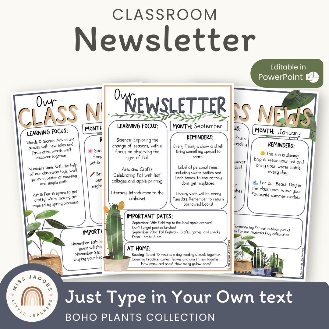 Classroom Newsletter Templates | Editable | Boho Plants Classroom Theme ...