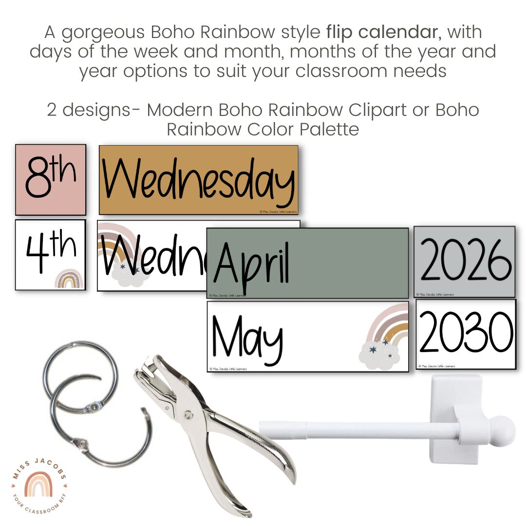 Flip Calendar | Boho Rainbow Neutral Themed Classroom Decor | Editable ...