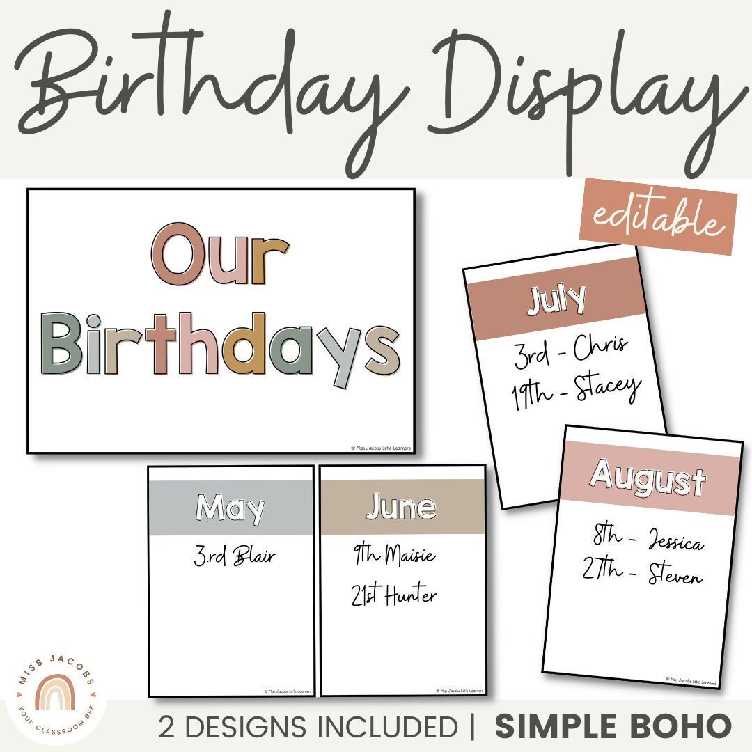 Birthday Display | SIMPLE BOHO Classroom Decor | Editable - Etsy