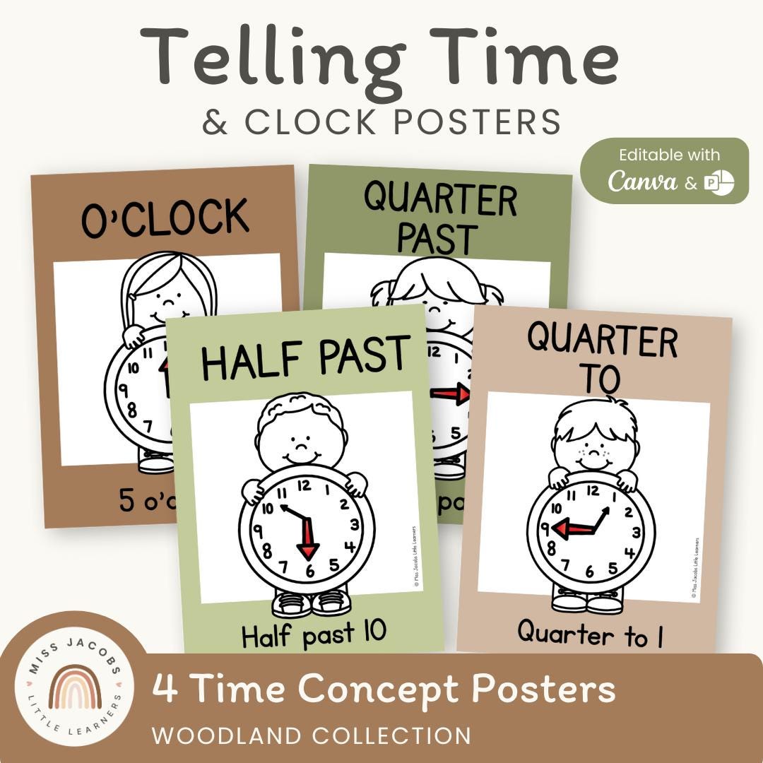 Woodland Telling Time Posters, Neutral Printable Learner Analog Clock ...