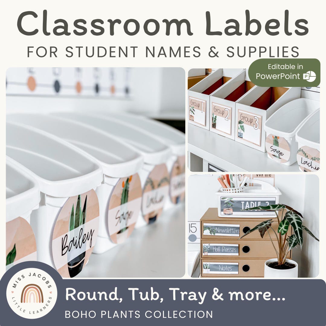 Modern Boho Plants Classroom Supply and Student Name Labels | Editable ...
