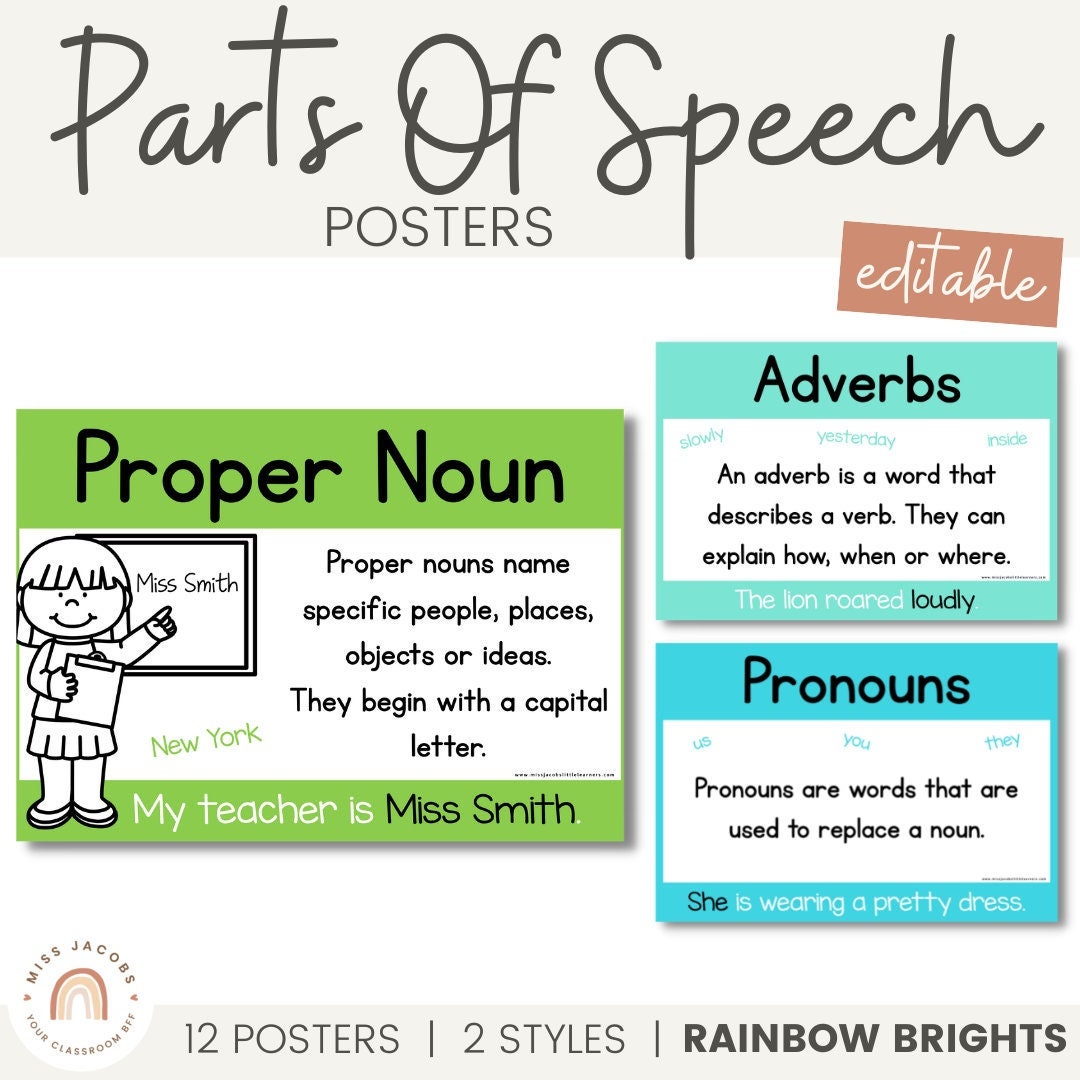 Parts Of Speech Posters Rainbow Brights Etsy