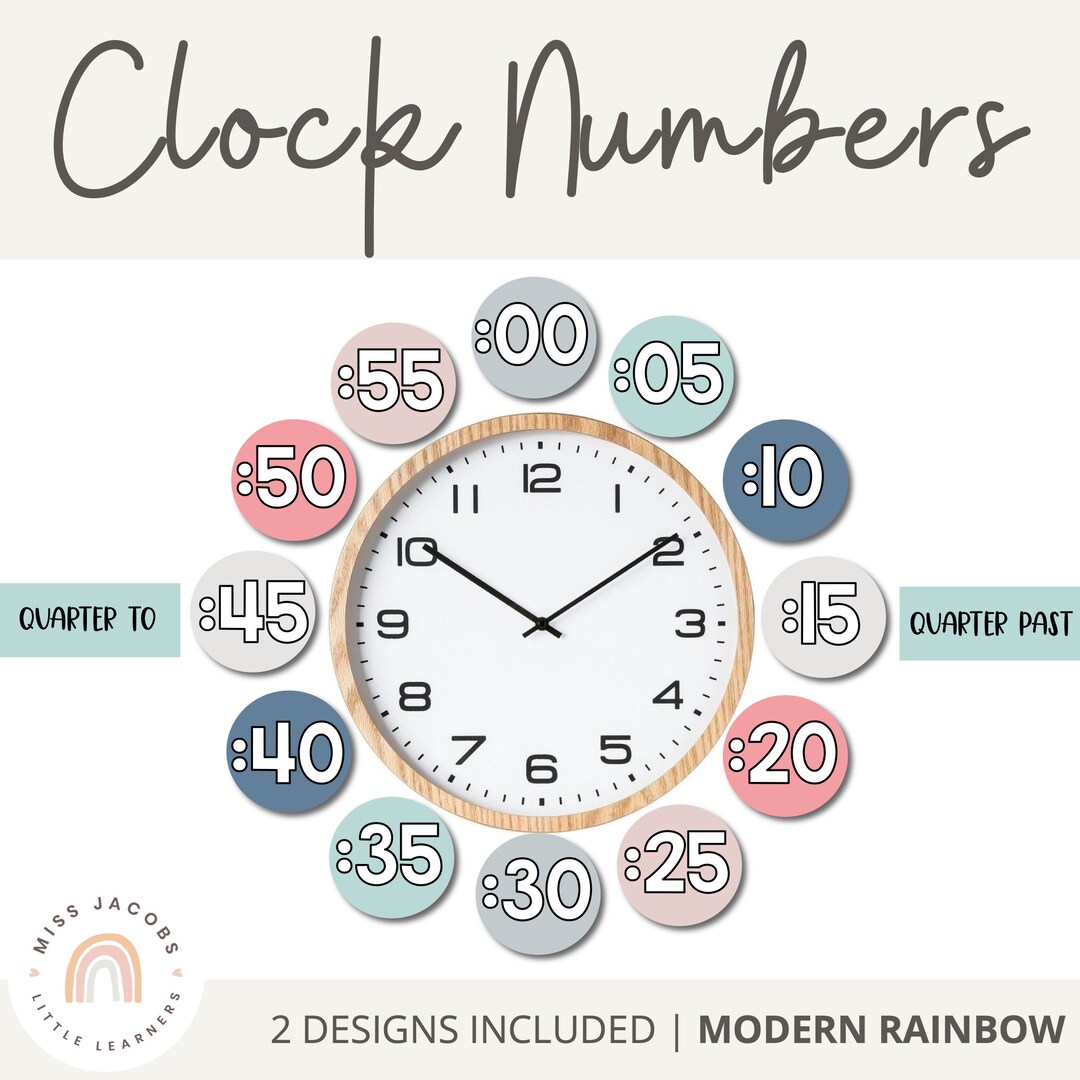 MODERN RAINBOW Clock Numbers | Calm Colors Classroom Decor - Etsy