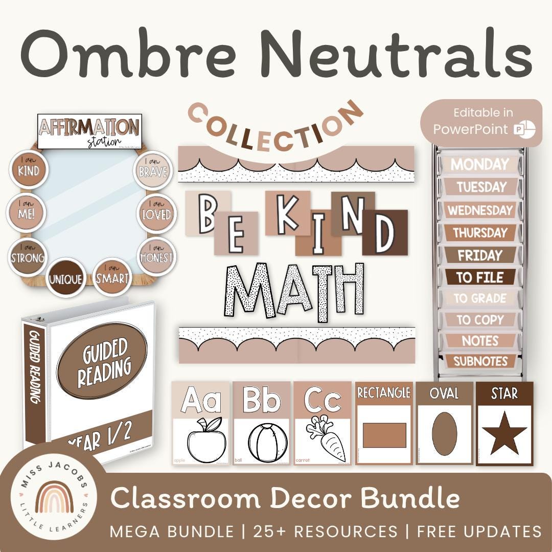 OMBRE NEUTRALS Classroom Decor BUNDLE | Editable Neutral Decor - Etsy
