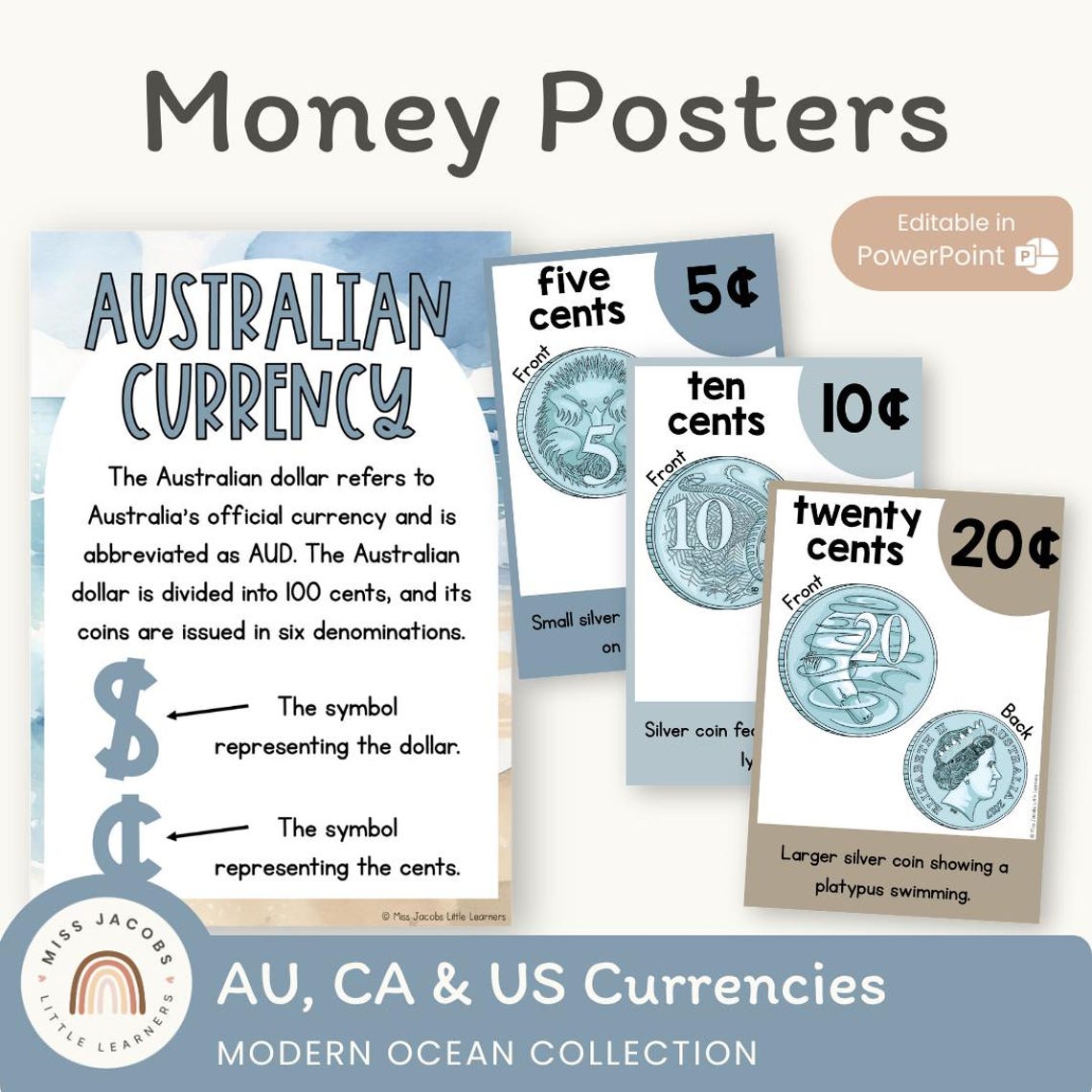 Ocean-themed Money Posters, Printable US CAD AUD Coin and Dollar Bill ...