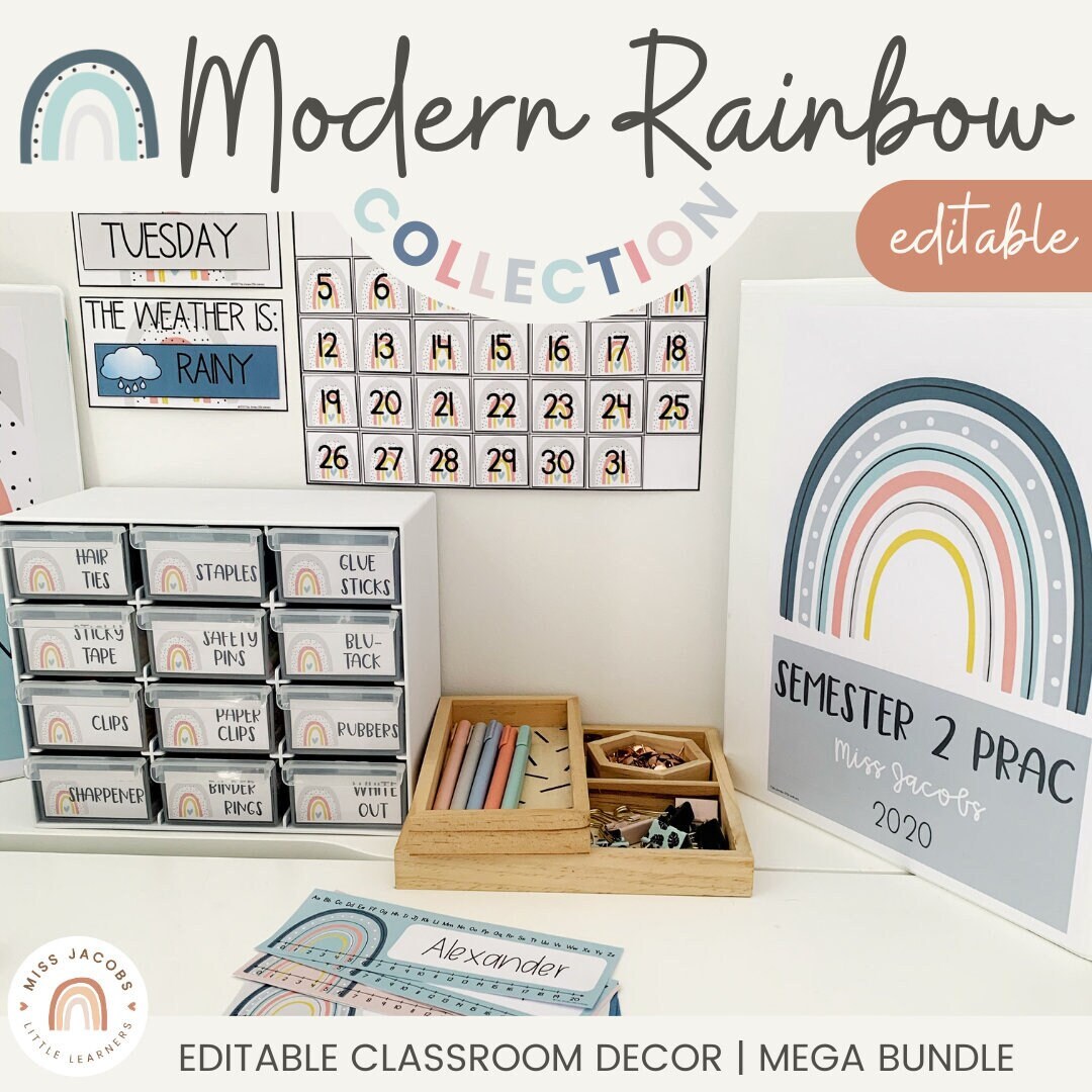 MODERN RAINBOW Classroom Decor Bundle Editable Calm Colors Classroom ...