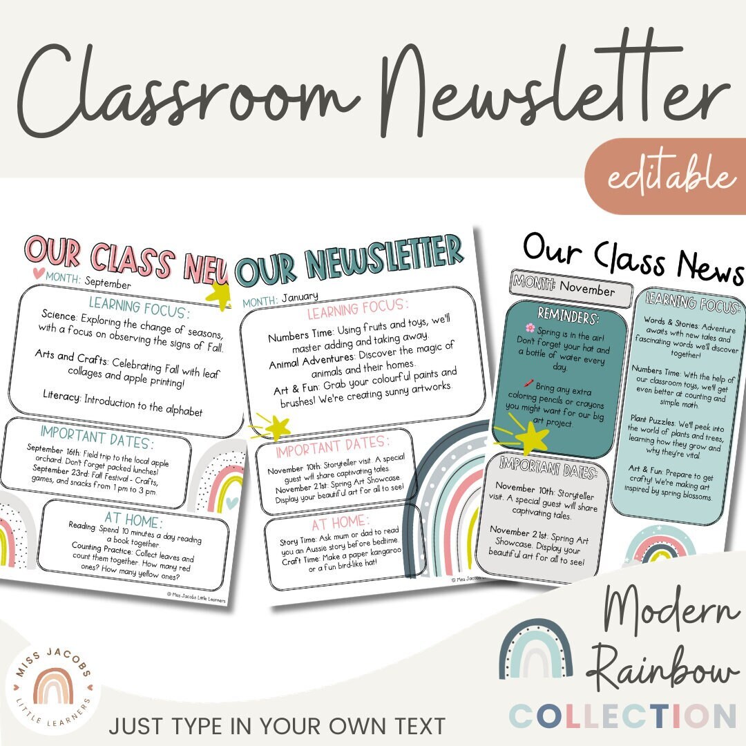 Classroom Newsletter Templates | Editable | Modern Rainbow Classroom ...