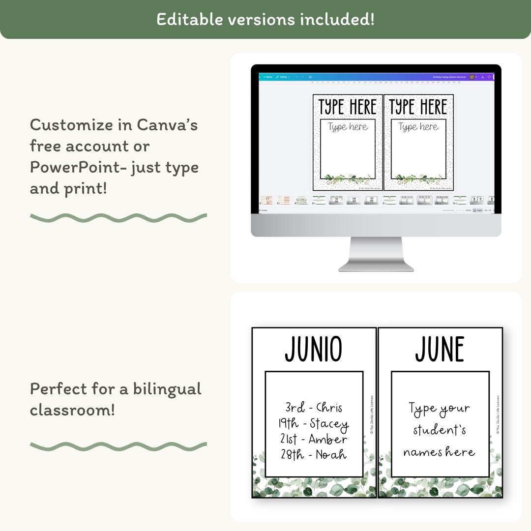Birthday Display Chart, Editable Botanical Student Celebration Board ...