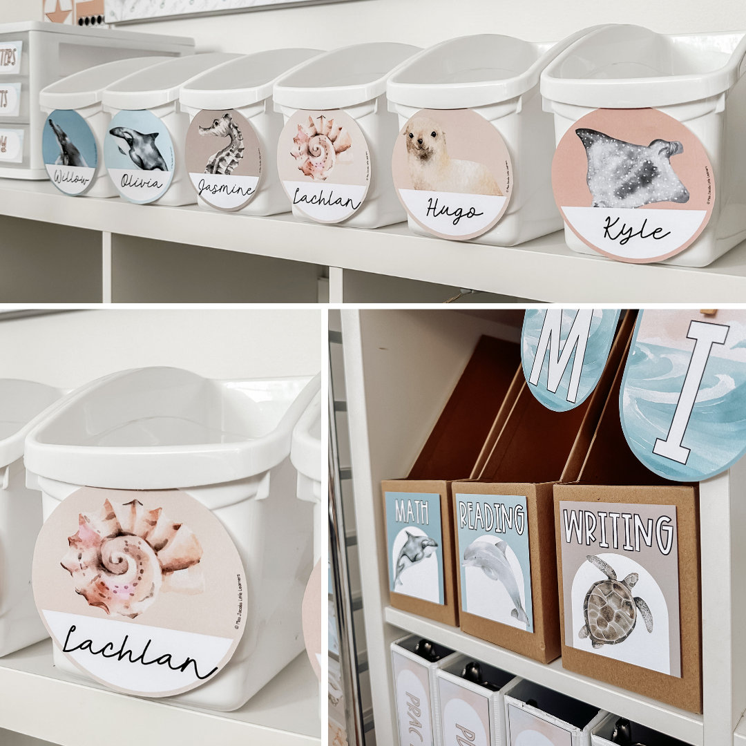 Classroom Supply Labels & Student Name Tags | Modern Ocean Classroom ...