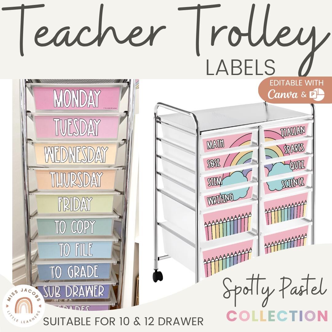 Teacher Trolley Labels | 10 Drawer Cart Labels | SPOTTY PASTELS ...