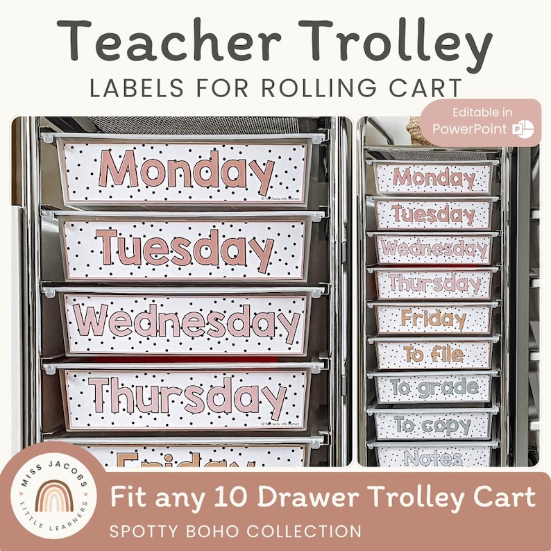 Teacher Trolley Labels | 10 Drawer Cart Labels | SPOTTY BOHO | Editable ...