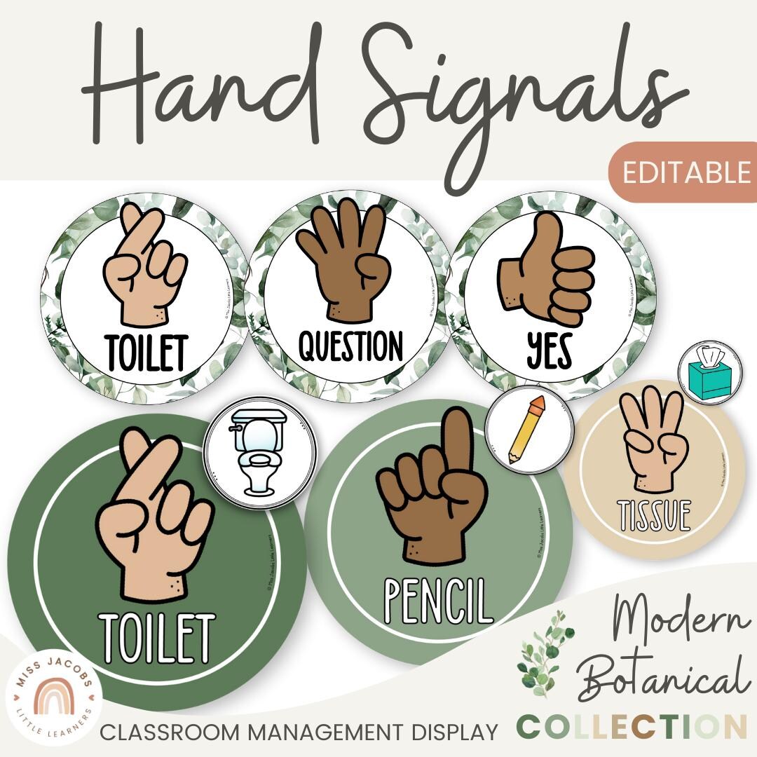 Botanical Hand Signals Posters for Classroom, Editable Visual Cues for ...