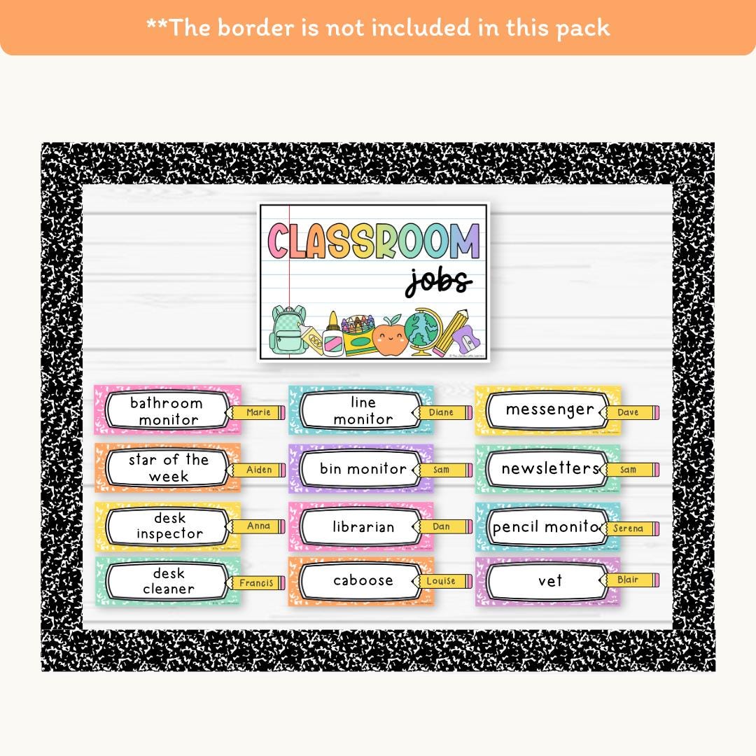 Cutesy Classroom Job Chart Composition Book Theme, Editable Class Job ...