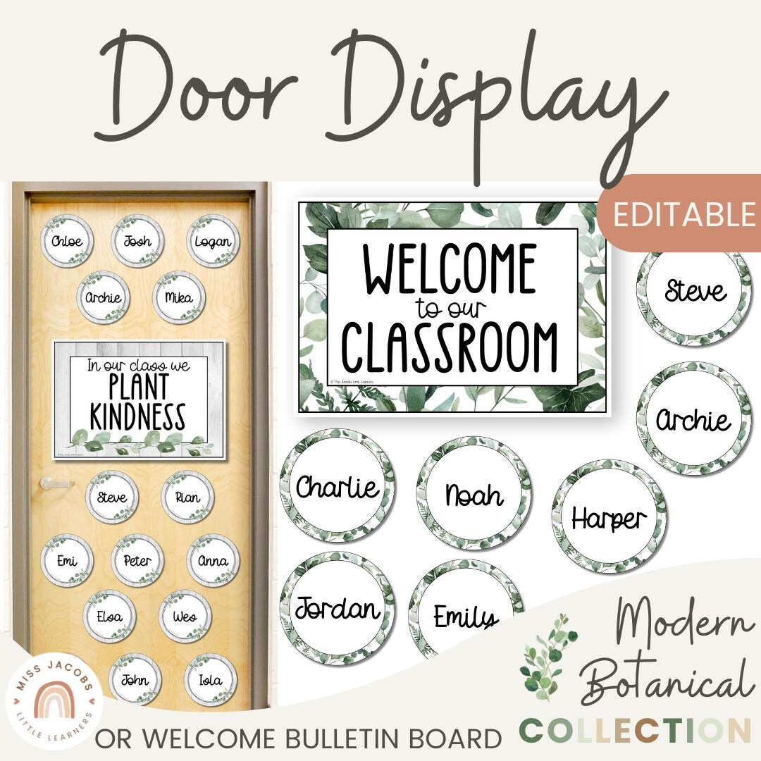 Classroom Door Display Set, Editable Botanical Teacher Welcome Sign ...