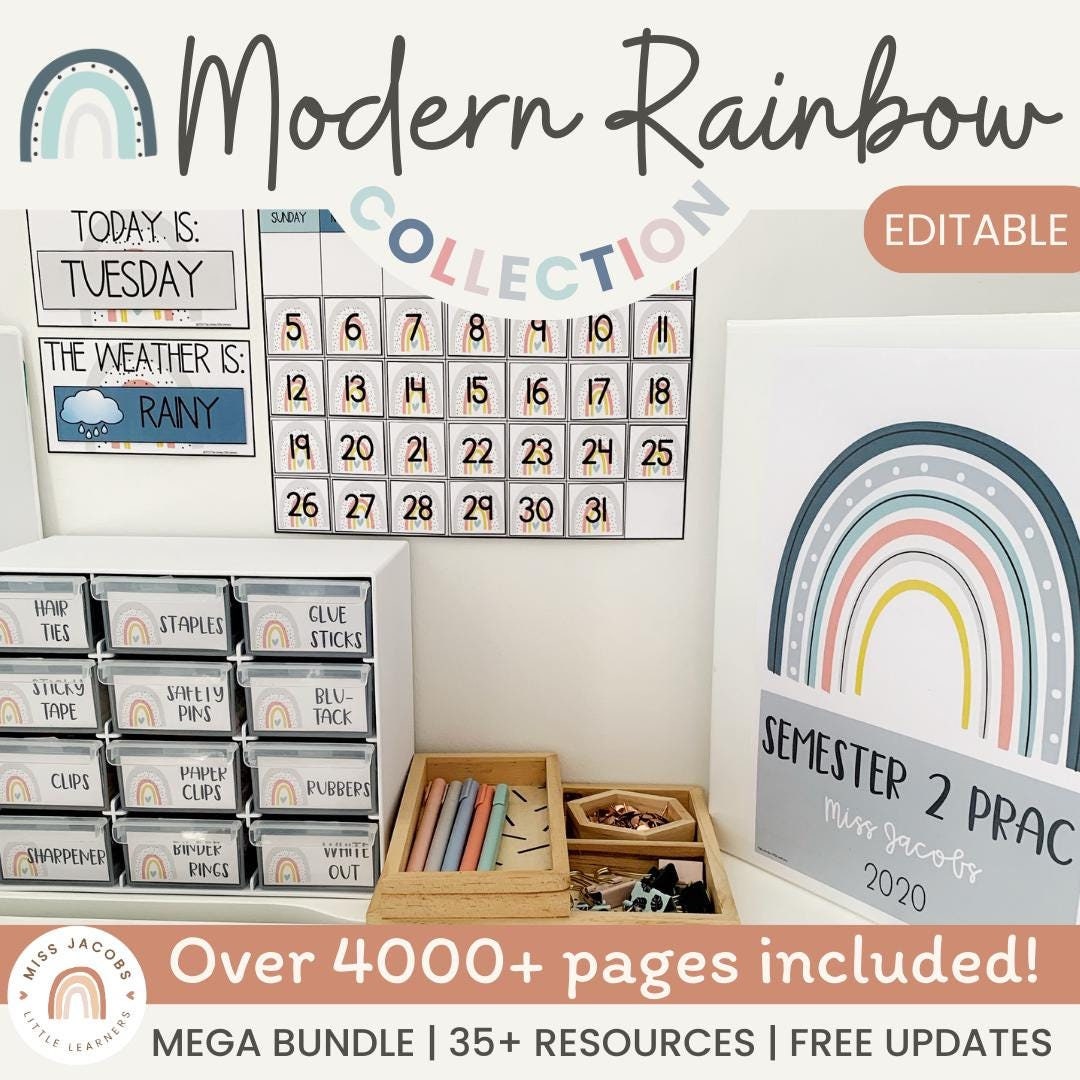 MODERN RAINBOW Classroom Decor Bundle Editable Calm Colors Classroom ...