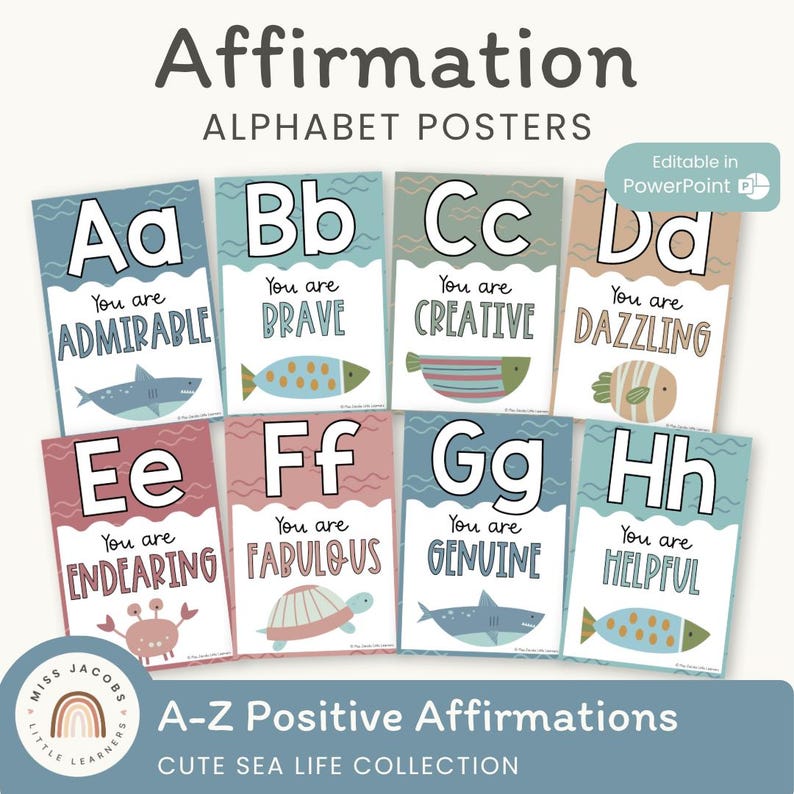 Cute Sea Affirmation Alphabet Posters, Under the Water Animals Kids ...