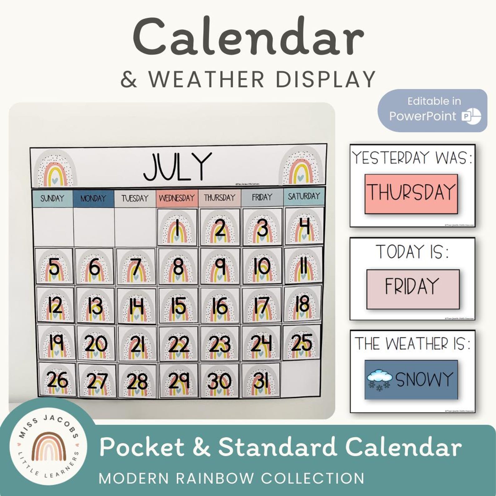 MODERN RAINBOW Classroom Calendar and Weather Display | Editable | Calm ...