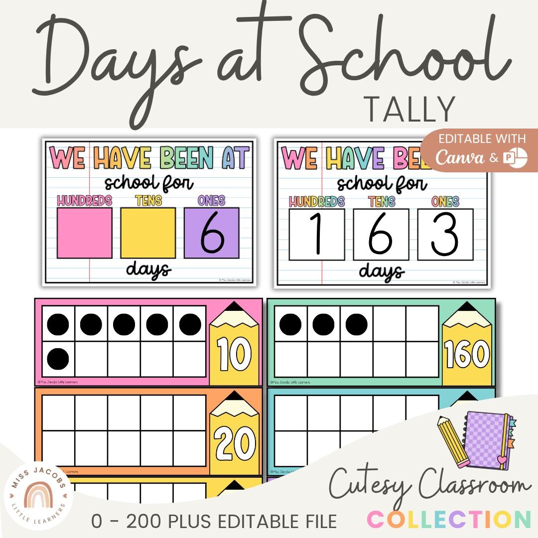Cutesy Days at School Tally Chart, Colorful School Days Display ...