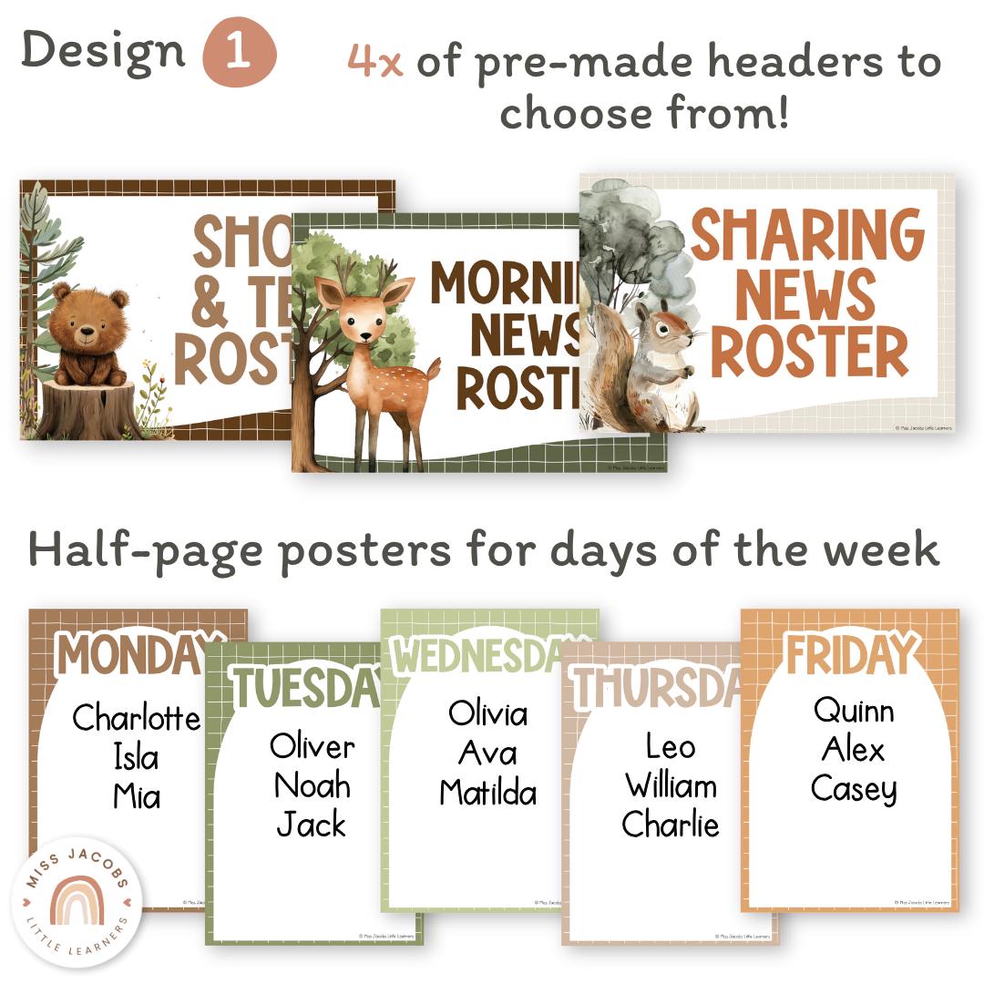 Woodland News Roster Show & Tell Display, Editable Sharing Time Chart ...