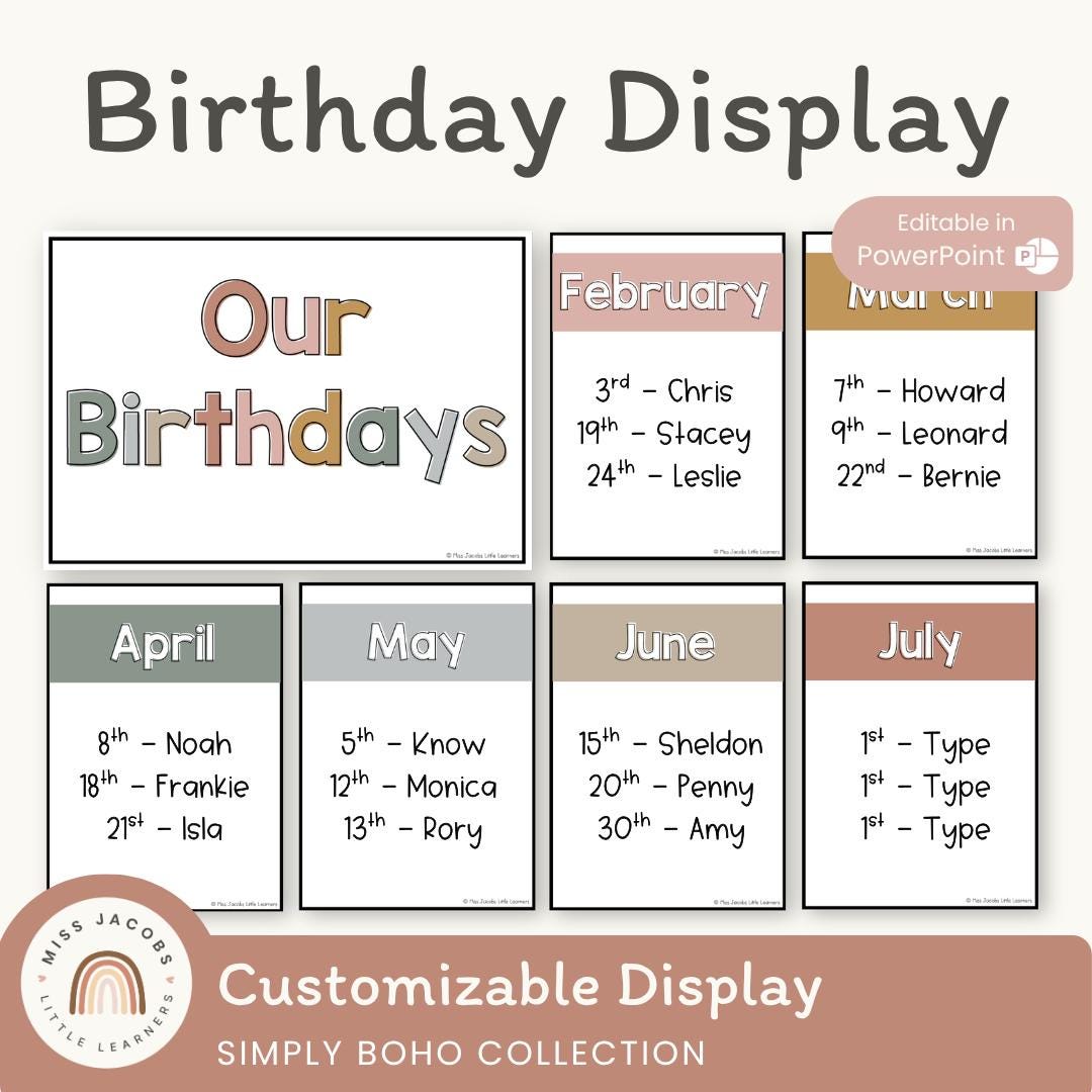 Birthday Display | SIMPLE BOHO Classroom Decor | Editable - Etsy