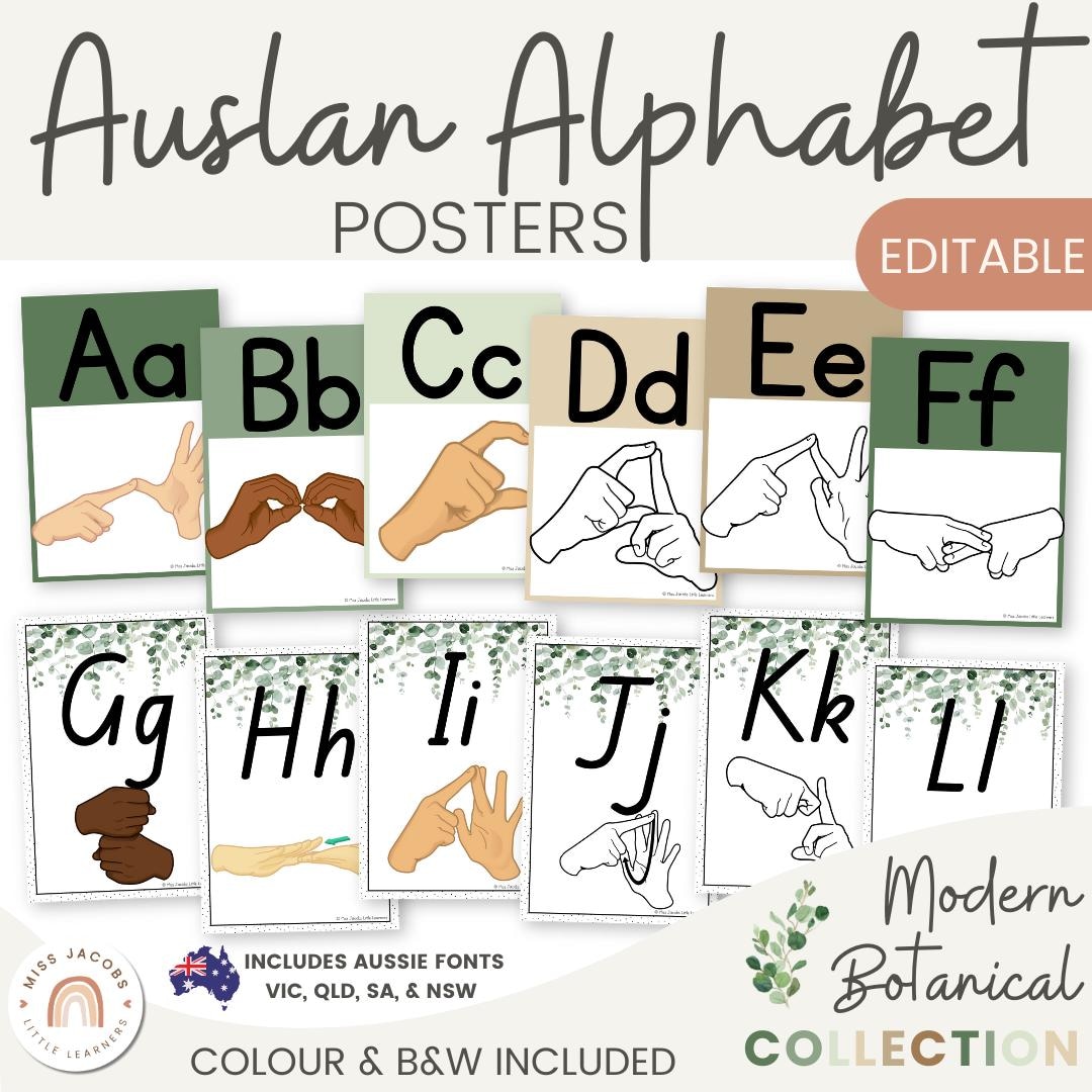 Auslan Alphabet Posters, Modern Botanical A–Z Hand Signal Wall Set ...