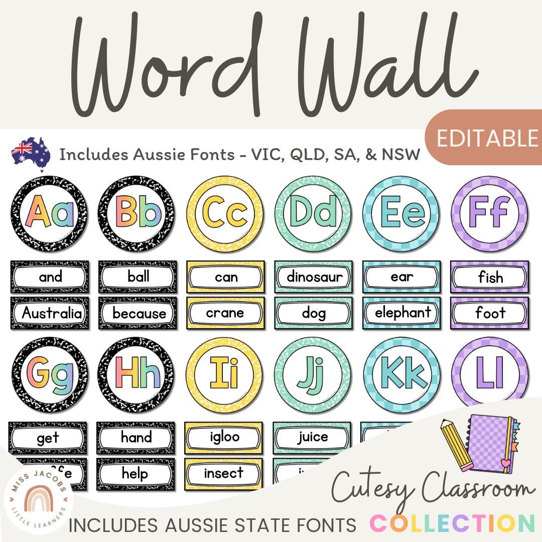 Cutesy Alphabet Word Wall, Editable Word Wall Vocabulary Sight Words ...