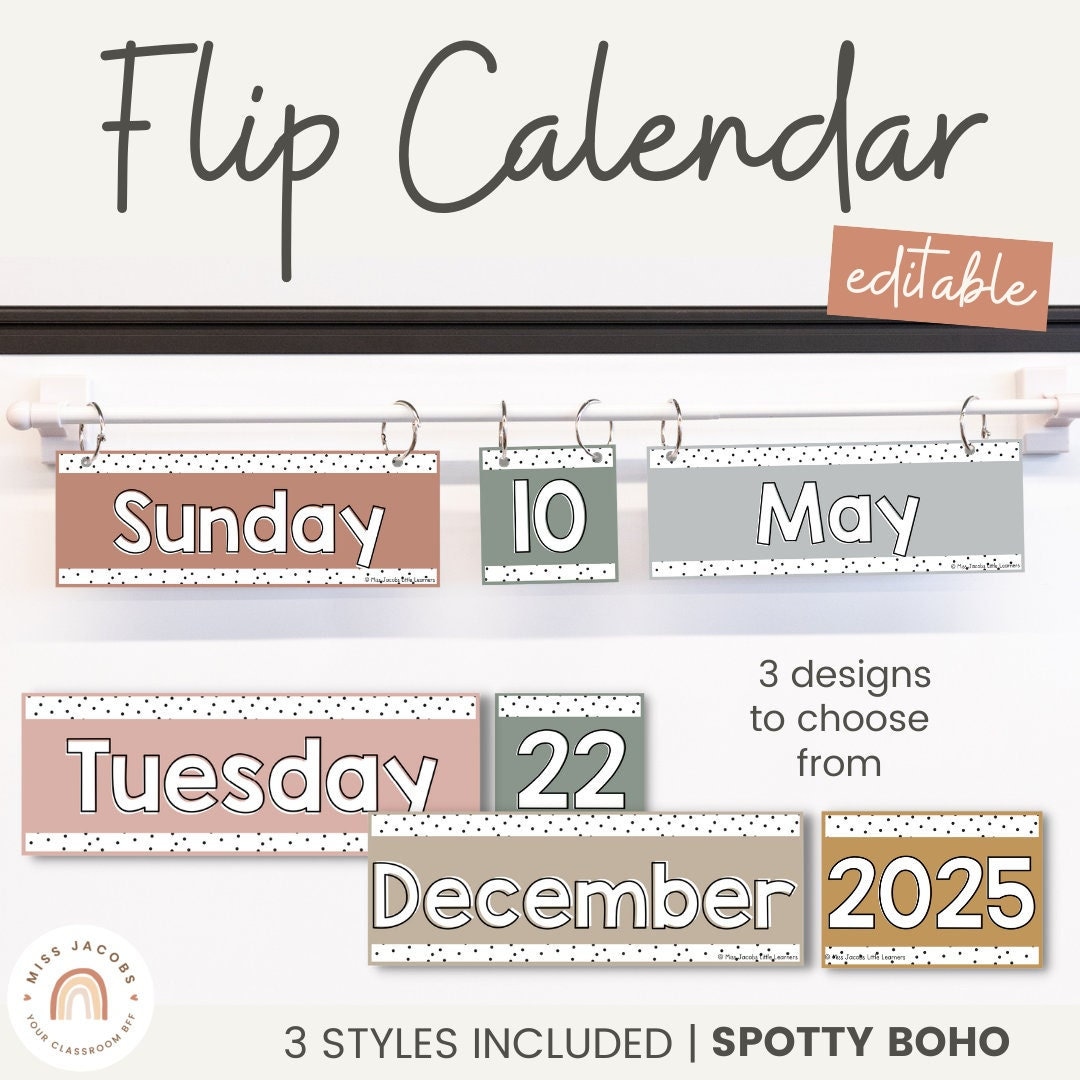 Flip Calendar | Spotty Boho Classroom Decor | Neutral Rainbow Themed ...