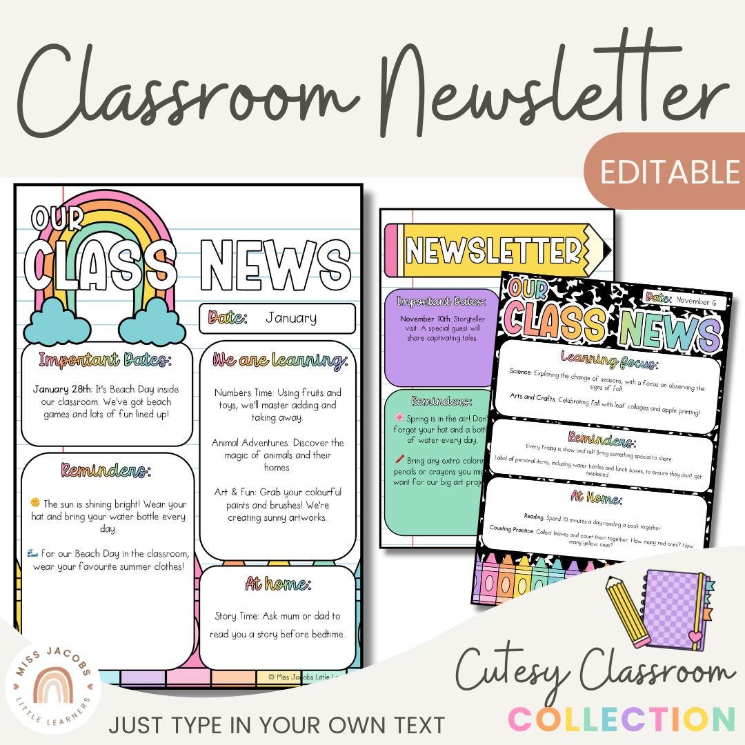 Cutesy Newsletter Templates, Editable Classroom Monthly Weekly ...