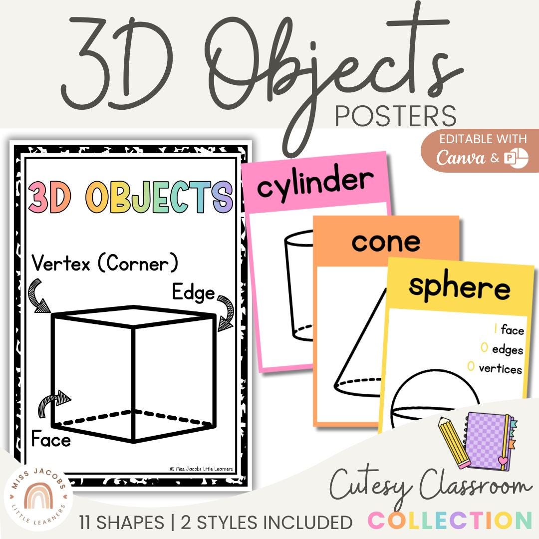 Cutesy 3D Shape Posters, Bright Colorful Classroom Shapes Display ...