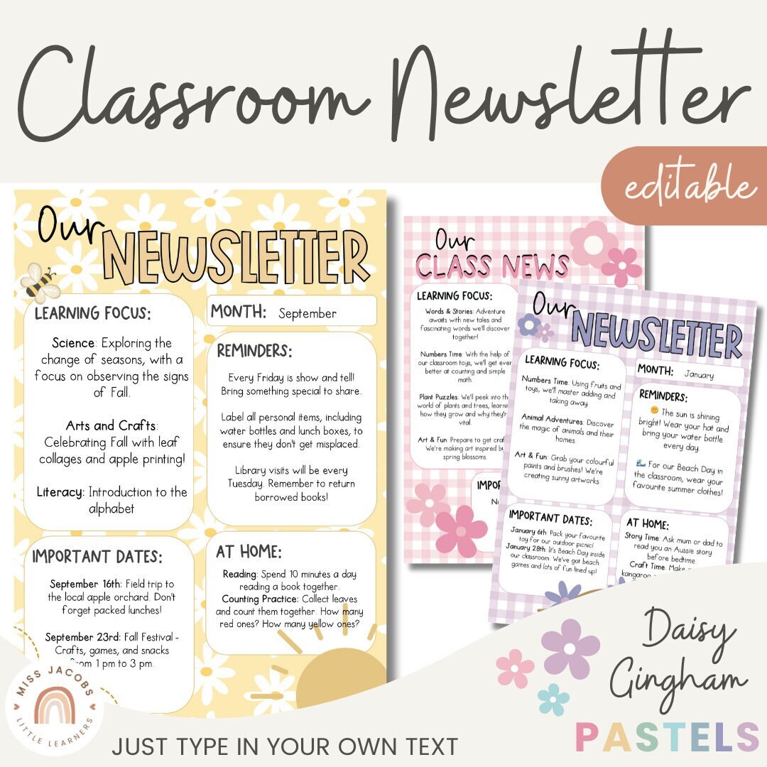 Editable Classroom Newsletter Template | Daisy Gingham Pastels ...