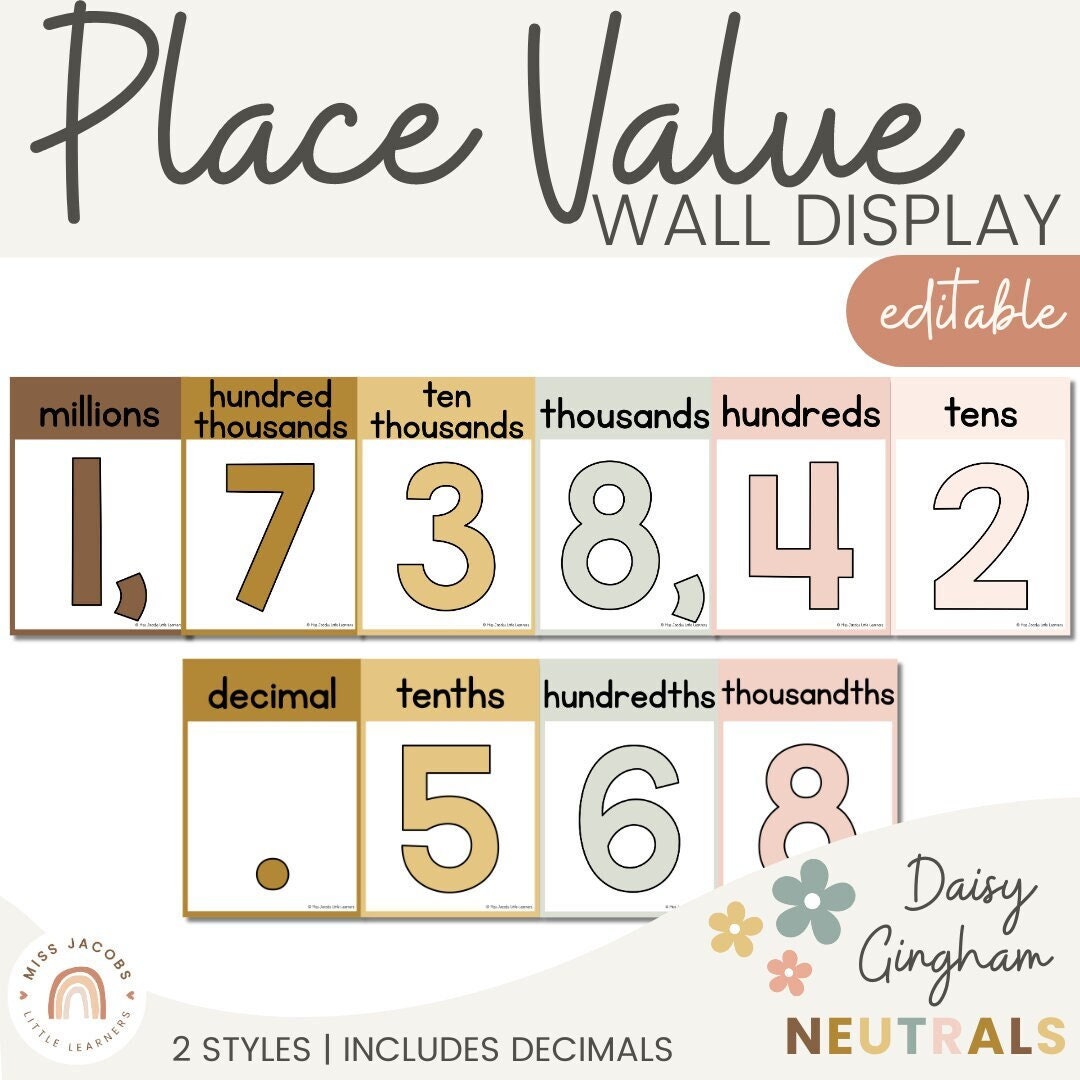 Place Value Posters Bulletin Board Display Daisy Gingham Neutral Math ...