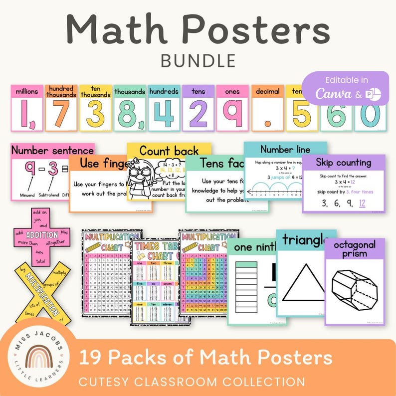 CUTESY Math Posters Bundle Set of 18 Numeracy Educational Posters ...