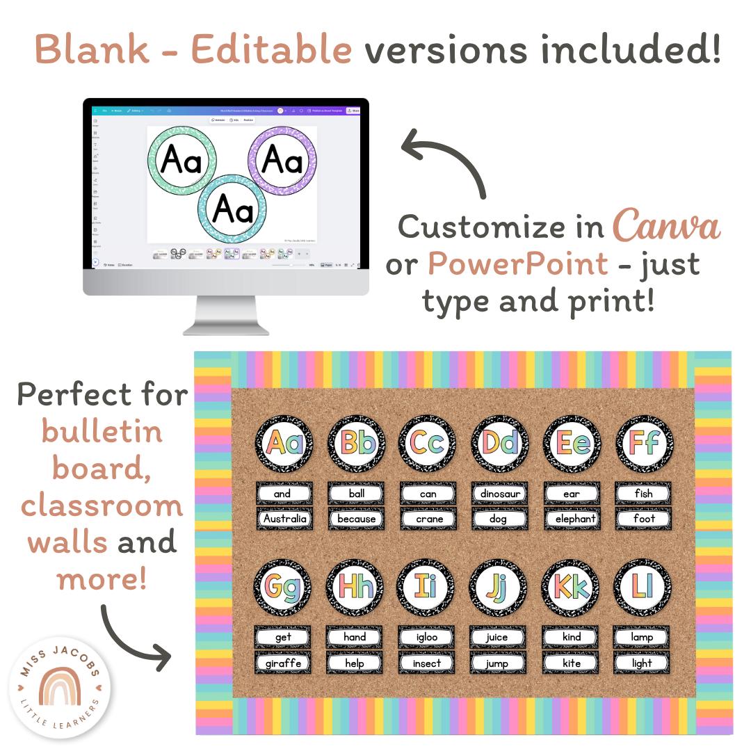 Cutesy Alphabet Word Wall, Editable Word Wall Vocabulary Sight Words ...