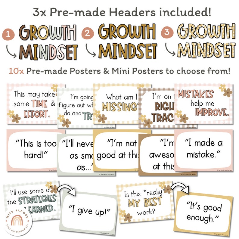Modern Growth Mindset Display | Daisy Gingham Neutral Classroom Decor ...