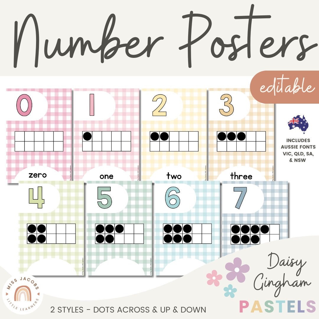 Number Posters With Ten Frames | Daisy Gingham Pastels | Editable Decor ...
