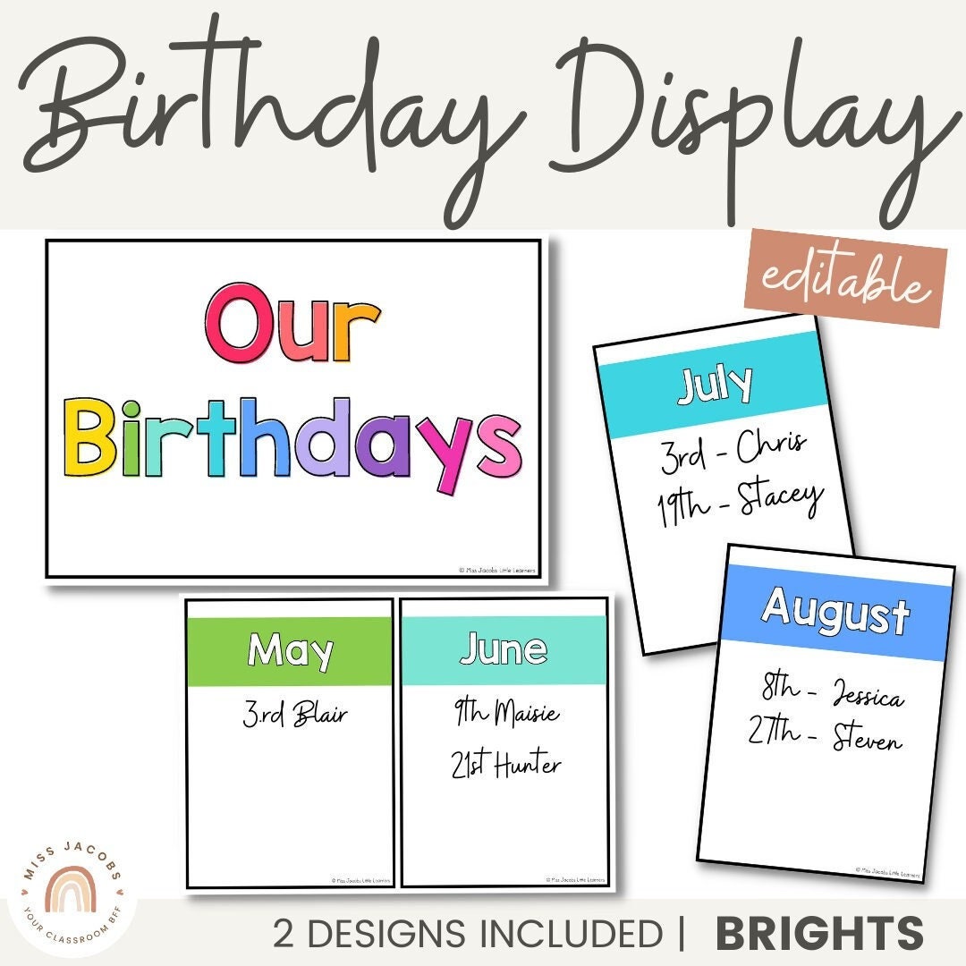 BRIGHTS Birthday Display | Simple Brights Classroom Decor | Editable - Etsy