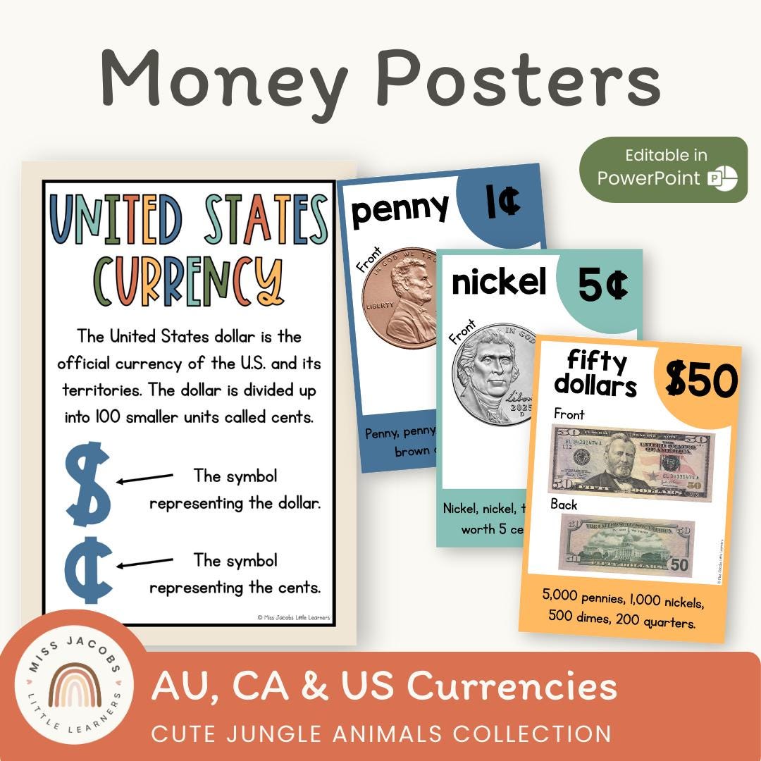 Money Posters Cute Jungle Animals, Printable Coin & Dollar Bill Value ...