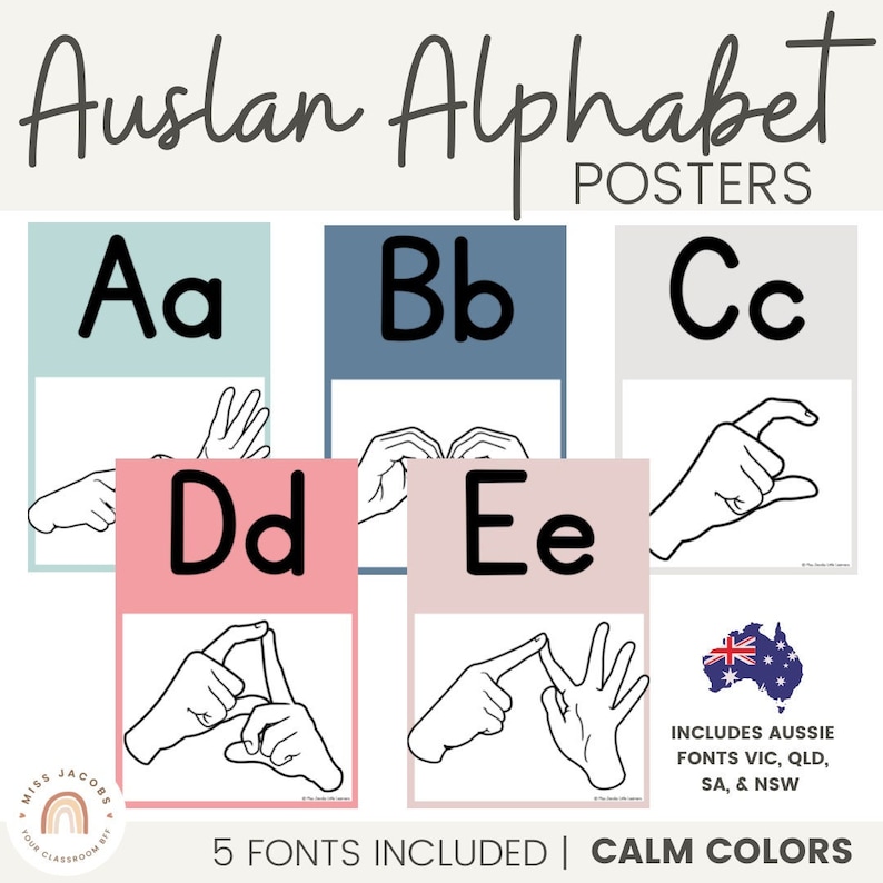 Modern Rainbow Auslan Alphabet Posters: Calm Colours Australian Sign ...