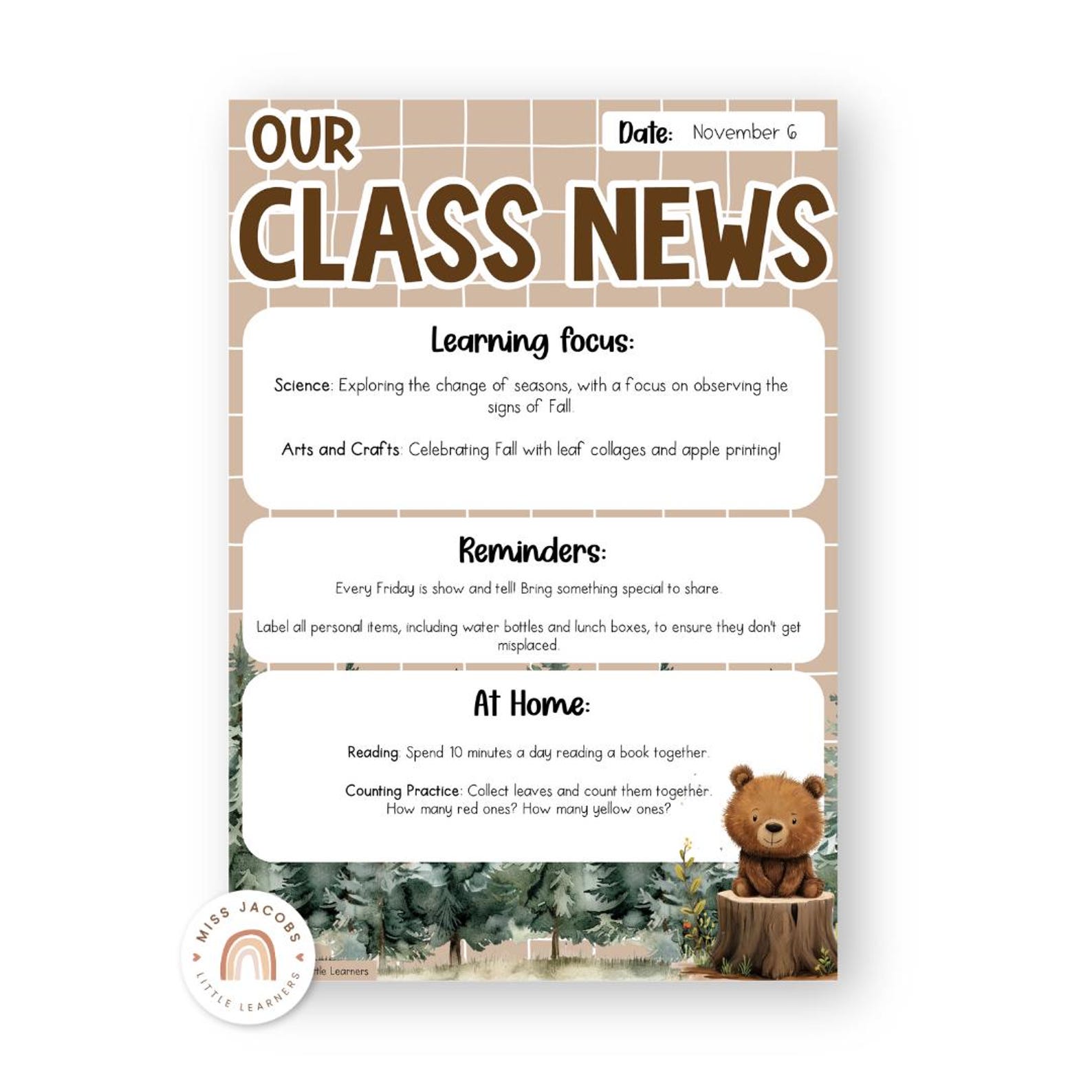 Woodland Classroom Newsletter Templates, Editable Teacher Weekly ...