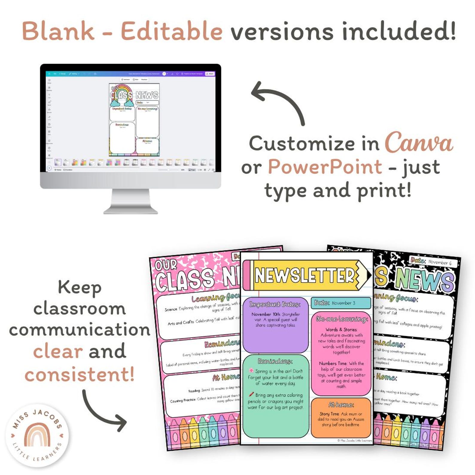 Cutesy Newsletter Templates, Editable Classroom Monthly Weekly ...