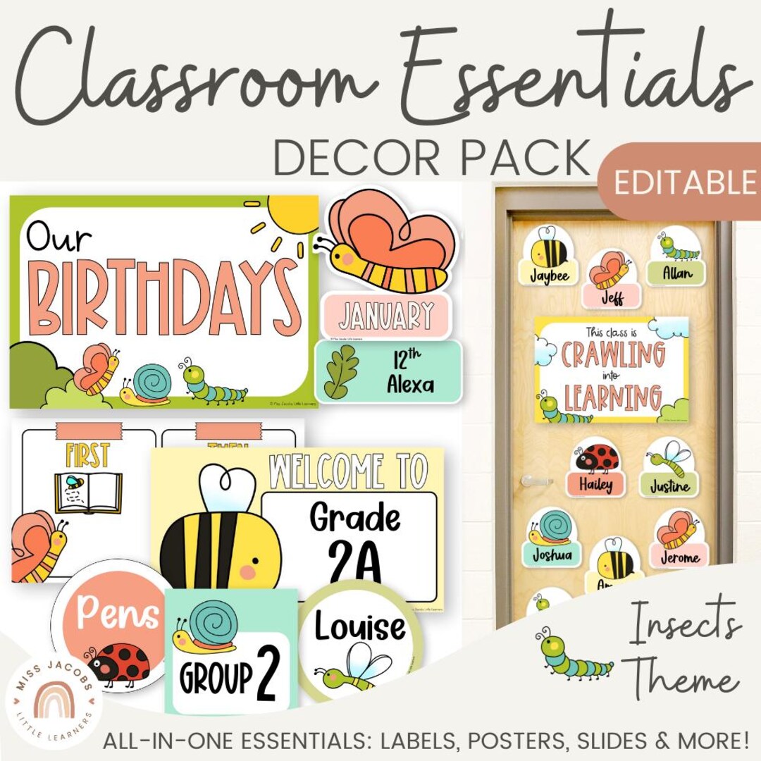 Insects Theme Classroom Decor Bundle, Editable Spring Bugs Set Teacher ...