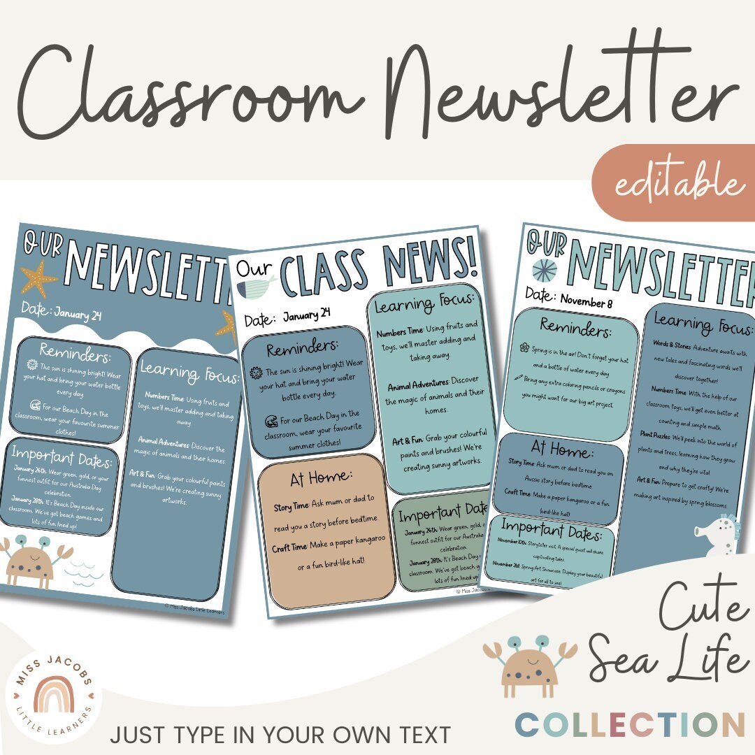 Editable Classroom Newsletter Templates | Cute Sea Life Classroom Decor ...