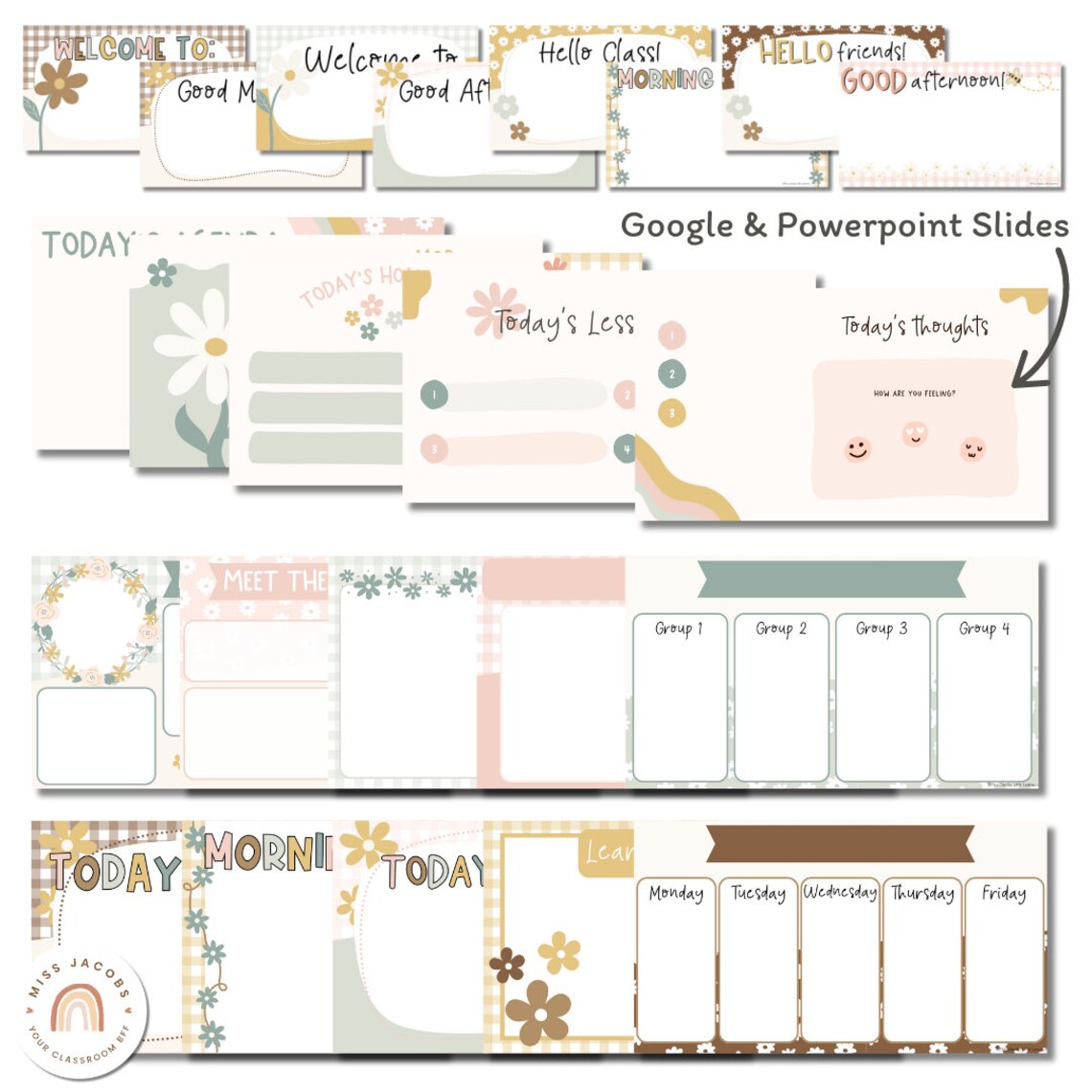 Morning Slides With Timers | Daisy Gingham Neutral Classroom Decor ...