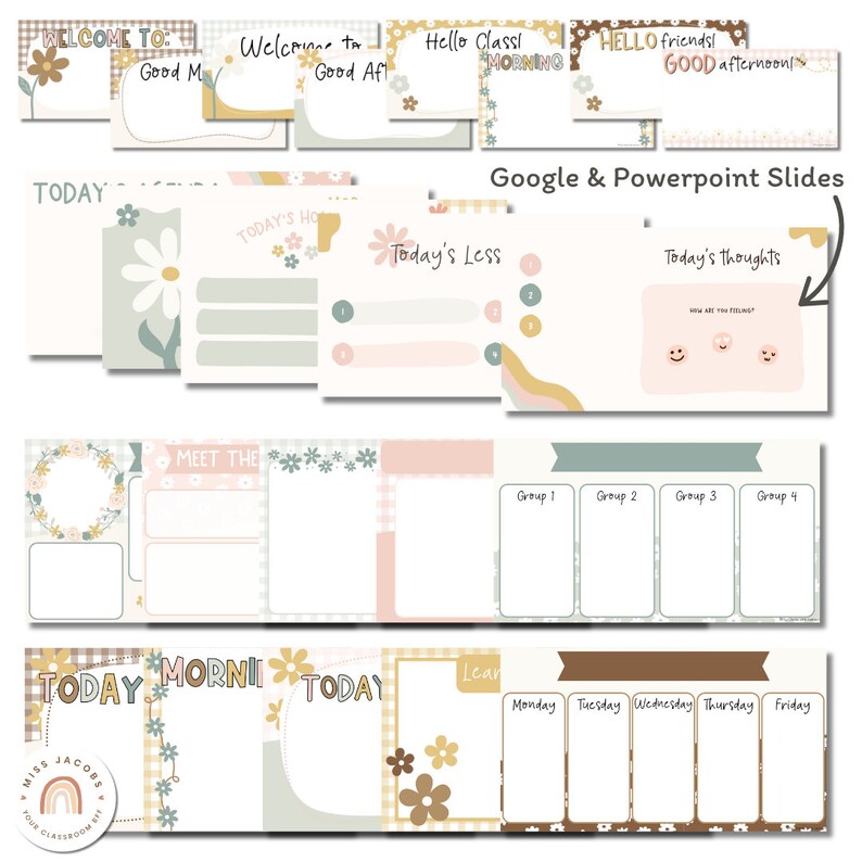 Morning Slides With Timers | Daisy Gingham Neutral Classroom Decor ...