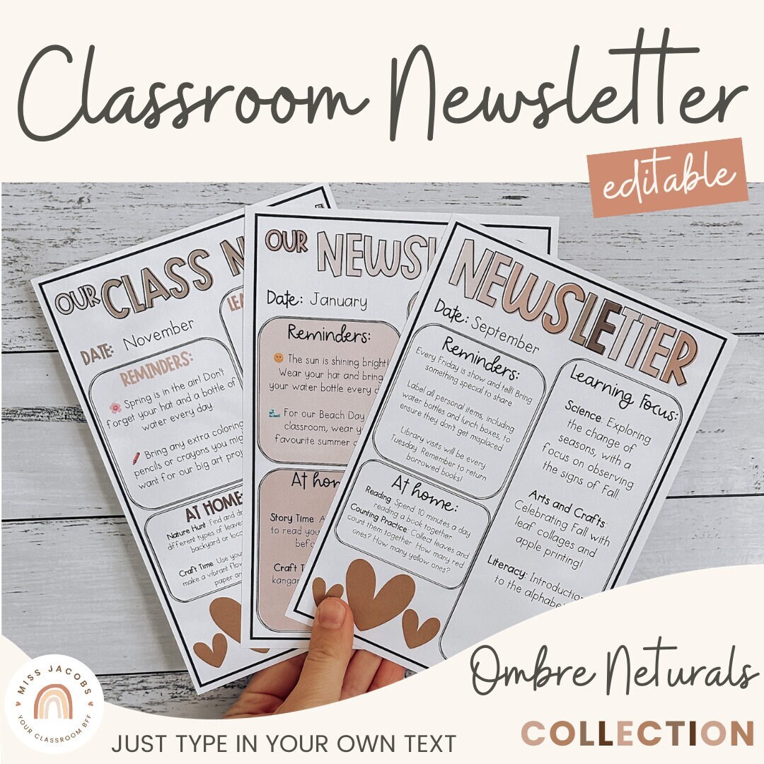 Classroom Newsletter Templates Editable Ombre Neutral Classroom Theme ...