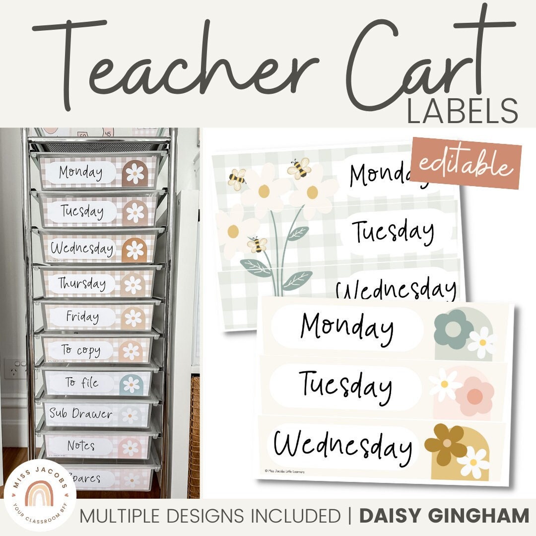 Teacher Trolley Labels 10 Drawer Cart Labels in Daisy Gingham Editable ...