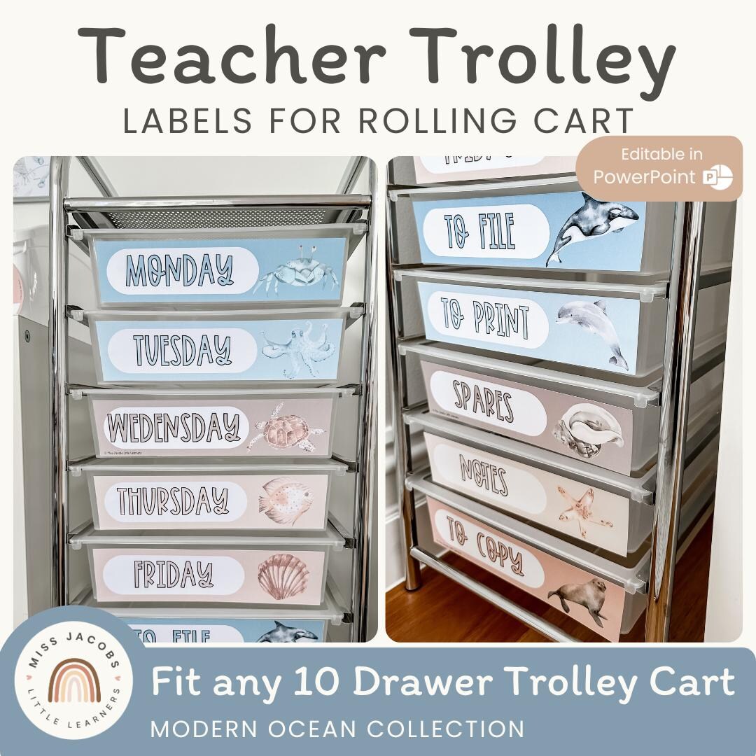 Modern Ocean Rolling Cart Labels, Editable Teacher Trolley Under the ...